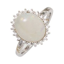 Jobo Diamantring, 585 Weißgold mit Opal-Cabochon und 18 Diamanten, silberfarben|weiß