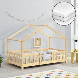 en.casa® en.casa Kinderbett Treviolo 70x140 cm mit Kaltschaummatratze und Gitter Holz Natur