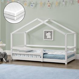 en.casa® en.casa Kinderbett Knätten 70x140 cm mit Rausfallschutz + Lattenrost + Kaltschaummatratze Weiß