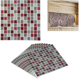 Mosaik Fliesenaufkleber, 10er Set, selbstklebend, Küche & Badezimmer, 23,5x23,5 cm, 3D Klebefliesen, rot/braun - Relaxdays