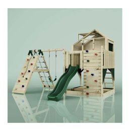Polar play Outdoor Spielturm mit Wellenrutsche, Spielhaus aus Holz mit Kinderschaukel Kletterwand Kletternetz, Ausführung: Kinderschaukel - Grün