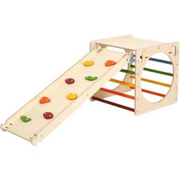 Activity Cube / Holzwürfel aus Holz mit Kletterwand Regenbogenfarben Indoor Klettergerüst für Kinder Montessori Spielzeug - Braun - Katehaa