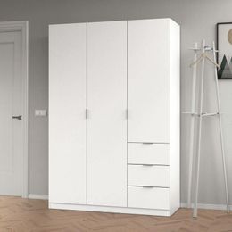 Garderobe Fullerton, Schlafzimmerschrank mit 3 Türen und 3 Schubladen, Schrank mit 3 Einlegeböden und Kleiderstange, cm 135x52h200, Weiß