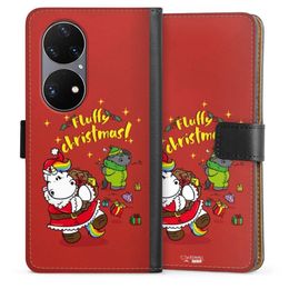 DeinDesign Handyhülle Pummeleinhorn Fluffy Christmas Red, Huawei P50 Pro Hülle Handy Flip Case Wallet Cover Handytasche Leder, schwarz