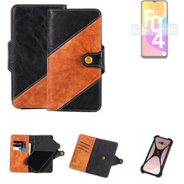 K-S-Trade Handyhülle für Samsung Galaxy F04, Handyhülle Schutzhülle Bookstyle Case Wallet-Case Handy Cover, braun|schwarz