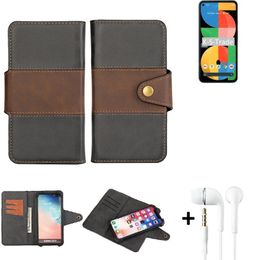 K-S-Trade Handyhülle für Google Pixel 5a, Handyhülle Schutzhülle Bookstyle Wallet-Case + earphones Bumper, braun|schwarz