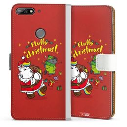 DeinDesign Handyhülle Pummeleinhorn Fluffy Christmas Red, Huawei Y7 (2018) Hülle Handy Flip Case Wallet Cover Handytasche Leder, weiß