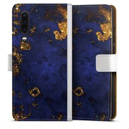 DeinDesign Handyhülle Marmor Gold Utart Blue and Golden Marble Look, Huawei P30 Hülle Handy Flip Case Wallet Cover Handytasche Leder, weiß