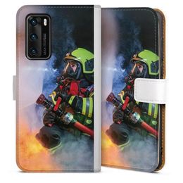 DeinDesign Handyhülle Feuerwehr Feuer Lebensretter Innenangriff, Huawei P40 Hülle Handy Flip Case Wallet Cover Handytasche Leder, weiß