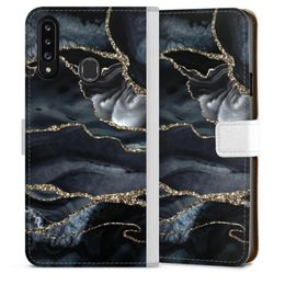 DeinDesign Handyhülle Glitzer Look Marmor Trends Dark marble gold Glitter look, Samsung Galaxy A20s Hülle Handy Flip Case Wallet Cover, weiß
