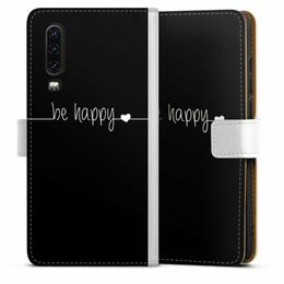 DeinDesign Handyhülle Statement Sprüche Glück Be Happy Black, Huawei P30 Hülle Handy Flip Case Wallet Cover Handytasche Leder, weiß