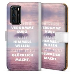 DeinDesign Handyhülle Glück Spruch Statement Das Leben Ist So Verdammt Kurz, Huawei P40 Hülle Handy Flip Case Wallet Cover Handytasche Leder, weiß
