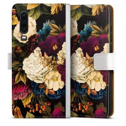 DeinDesign Handyhülle Vintage Blumen Muster Dark Vintage Flowers, Huawei P30 Hülle Handy Flip Case Wallet Cover Handytasche Leder, weiß