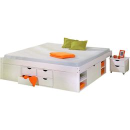 Doppelbett mit Staufächern und Nachttisch inklusive Rollen, Farbe weiß, 186,5 x 47,5 x 209 cm