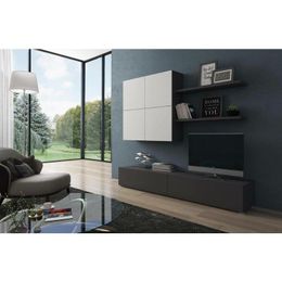 Umkehrbares Wohnzimmer-Wandsystem, TV-Schrank mit Hängeschrank und Regalen, Komplettes Wohnzimmer, cm 200x31h39, Farbe Anthrazit und Weiß