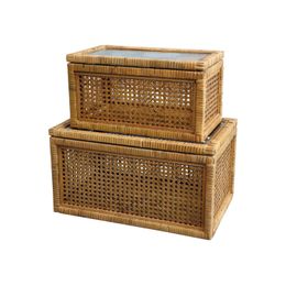 Chic Antique Geflochtene Box mit Glas 2er Set, H26,5/L49,5/B29,5 cm, natur