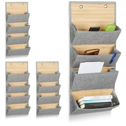 Relaxdays 4 x Wandorganizer Bambus, mit 4 Jutemuster Fächer, HxBxT: 75 x 34 x 12 cm, Zeitungshalter für Büro und Flur, grau