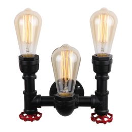 Wandleuchte Wasserrohr Doppelkopf Retro Schmiedeeisen Industriell E27 Steampunk Retro Metall Wandlampe Schwarz