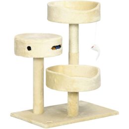 Kratzbaum für Katzen, 2 Katzenbetten, Katzenspielzeug und Kratzsäulen, 60 cm x 40 cm x 70 cm, Beige - Beige - PawHut