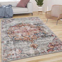 Teppich Wohnzimmer Kurzflor Vintage Moderne Orient Optik Abstrakt Grau Gelb Blau 120x170 cm - Paco Home