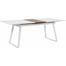 Beliani Esszimmertisch Weiß mit Braun 90 x 160 cm Ausziehbar mdf Tischplatte Mittelsäule Glänzend Rechteckig Modern - Heller Holzfarbton