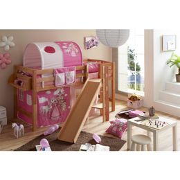 Ticaa Hochbett mit Rutsche Podestbett "Tino" Buche Natur Motiv, teilbar mit Farbauswahl