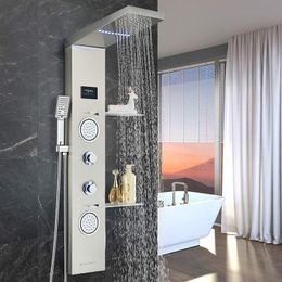 Edelstahl Duschpaneel led Duschkopf Niederschlag und Wasserfall lcd Temperatur-Schirm mit Handsprüher Körper Massage Jets Schwarz an der Wand Montiert