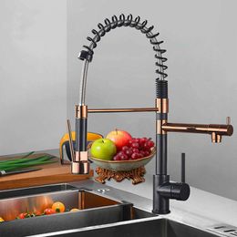 Suguword - Rose Gold Küchenarmatur mit Spiralfeder 360° Schwenkbare Spültischarmaturen mit Zwei Auslauf, Wasserhahn Küchen Brause ausziehbar