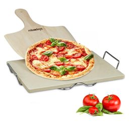 Relaxdays Pizzastein Set 1,5 cm Stärke mit Metallhalter und Pizzaschieber aus Holz hbt 7 x 43 x 31,5 cm rechteckiger Brotbackstein für Pizza und Flammkuchen