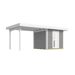 Weka Designgartenhaus 28 mm mit Loungeanbau 295 cm, farblich lasiert in grau/weiss, Massivholzboden
