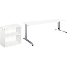 Schäfer Shop 2 tlg. Büromöbel-Set Schäfer Shop Select Login, Schreibtisch, B 1600 mm, weiß/weißaluminium RAL 9006 + Anstell-/Aufsatz-Regal 2OH in Weiß