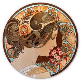 K&L WALL ART Alu-Dibond-Poster Rund Metalloptik Wandbild Schlüsselblume Art Nouveau Deko Blumen Mucha ø 70cm - braun