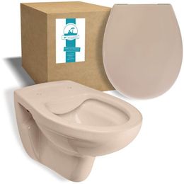 Calmwaters® Spülrandloses Hänge WC, Tiefspül WC aus Keramik, Komplettset mit WC Sitz mit Absenkautomatik in Beige-Bahamabeige, Waagerechter Abgang,
