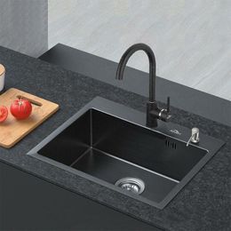 Auralum - 55x45 cm Edelstahl Küchenspüle Dunkelgrau+ Wasserhahn Küche Schwarz+ 300ml Seifenspender + Siphon mit Über- und Ablaufgarnitur