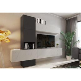 Wohnwand, TV-Schrank mit Wohnwänden, Modernes Wohnzimmer komplett mit Carrara-Marmor-Effekt, 240x50xh196 cm, Farbe Weiß und Anthrazit - Dmora