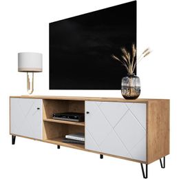 Tv Lowboard Weiß Matt Wildeiche tv Schrank Skandi Modern - 183x56x40 cm (BxHxT) - Fernsehtisch tv Board Rack - [Loya.five] Wohnzimmer Gästezimmer