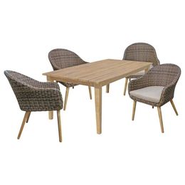 etc-shop Stuhl, 5 teilig Tisch Gruppe Akazie Alu Sitzgruppe Veranda Terrasse Geflecht