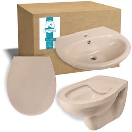 Calmwaters Spülrandloses Hänge wc, Set in Beige-Bahamabeige aus Wand wc, Toilettendeckel und Waschbecken in Beige-Bahamabeige Absenkautomatik Abnehmbar,