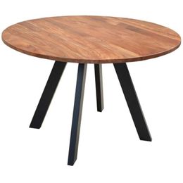 Esstisch tara / runde Tischplatte Akazie natur / Gestell Metall schwarz / Küchentisch für bis zu 5 Personen / d 120 cm, h 76 cm - ByLiving