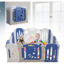 Laufstall Baby Faltbar, Laufgitter mit Tür und Spielzeugboard, 12 Panel Blu+Weiß Baby Absperrgitter, Krabbelgitter Kunststoff(12 Stück) - Aufun