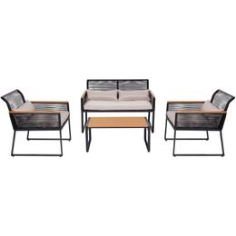 HHG - Garten-Garnitur 603, Gartenlounge Lounge-Set Sitzgruppe Sofa, Seilgeflecht Rope Holzoptik Stahl, Polster hellgrau - grey