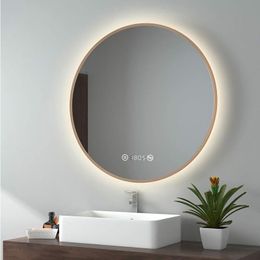 EMKE LED Badspiegel Rund Spiegel mit Beleuchtung ф80cm Gebürstetem Goldrahmen LED Badezimmerspiegel mit Touch, Antibeschlage, Uhr, Temperatur,