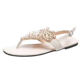 Generic Damen Sommer Mode Strass ausgehöhlt Perle flache quadratische offene Zehenhausschuhe Offene Schuhe Damen Kunstpelz