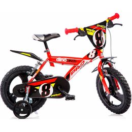 DINO Kinderfahrrad Mountainbike 16 Zoll, 1 Gang, mit Stützrädern, Frontschild und coolen Schutzblechen, rot