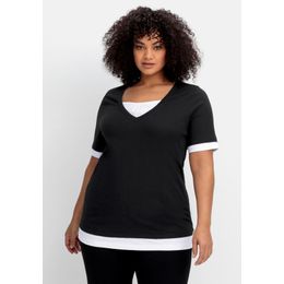 sheego Große Größen: Jerseyshirt in 2-in-1-Optik, mit V-Ausschnitt, schwarz-weiß, Gr.52/54
