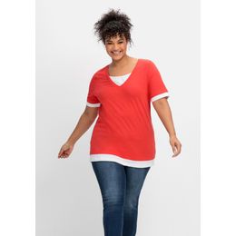 sheego Große Größen: Jerseyshirt in 2-in-1-Optik, mit V-Ausschnitt, rot-weiß, Gr.48/50
