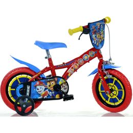 DINO Kinderfahrrad Paw Patrol 12 Zoll, 1 Gang, mit Stützrädern, Trinkflasche und Frontschild, rot