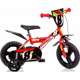 DINO Kinderfahrrad Mountainbike 12 Zoll, 1 Gang, mit Stützrädern, Frontschild und coolen Schutzblechen, rot