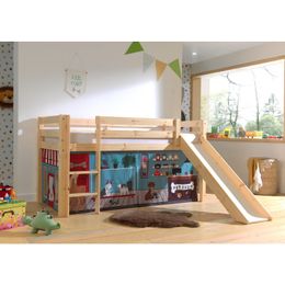 Vipack Halbhohes Bett PINO, mit Rutsche und Textilset "Pet Shop", Ausf. Kiefer massiv versch. Farben