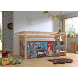 Vipack Halbhohes Bett PINO, mit Textilset "Pet Shop", Ausf. Kiefer massiv versch. Farben